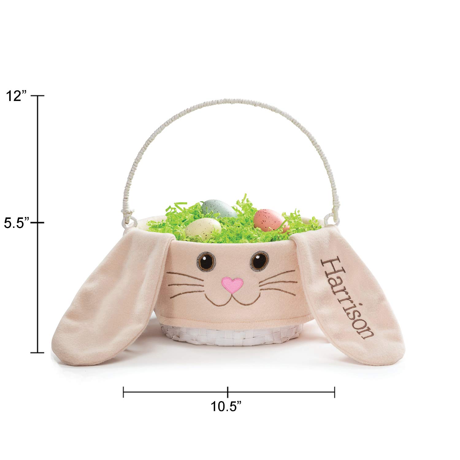 Personalized Easter Egg Basket with Handle and Custom Name in Brown Script | Floppy Ear Bunny Easter Basket Liners | White Basket | Woven Easter Baskets for Kids | Customized Easter Basket