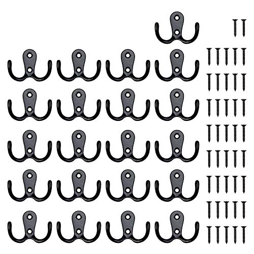 OUSHINAN 21 Pieces Double Prong Robe Hook Rustic Hooks Retro Cloth Hanger Coat Hanger Wall Mounted Hook with 42 Pieces Screws (Black Color)