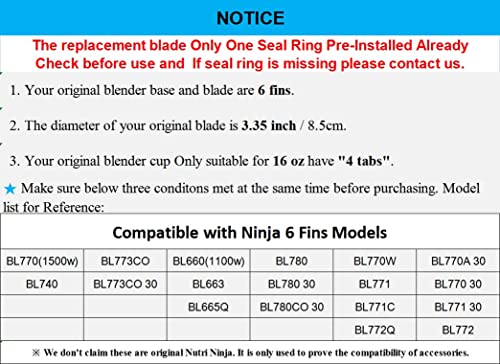 Blender Replacement Parts β 6 Fins Replacement Blade for 16Oz Ninja Cup β Stainless Steel and Food-Grade Plastic β Easy Installation β Dishwasher Safe