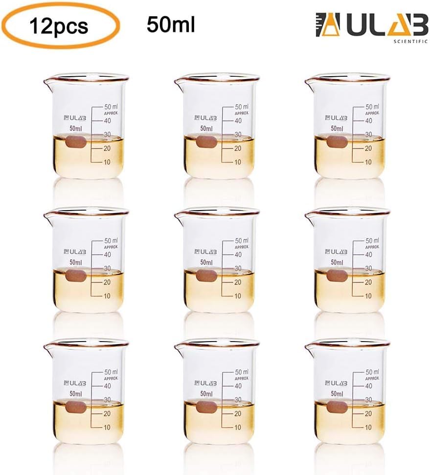 ULAB Scientific Glass Beakers Shot Glass, Vol. 50ml, 3.3 Borosilicate Griffin Low Form with Printed Graduation, Pack of 12, UBG1013