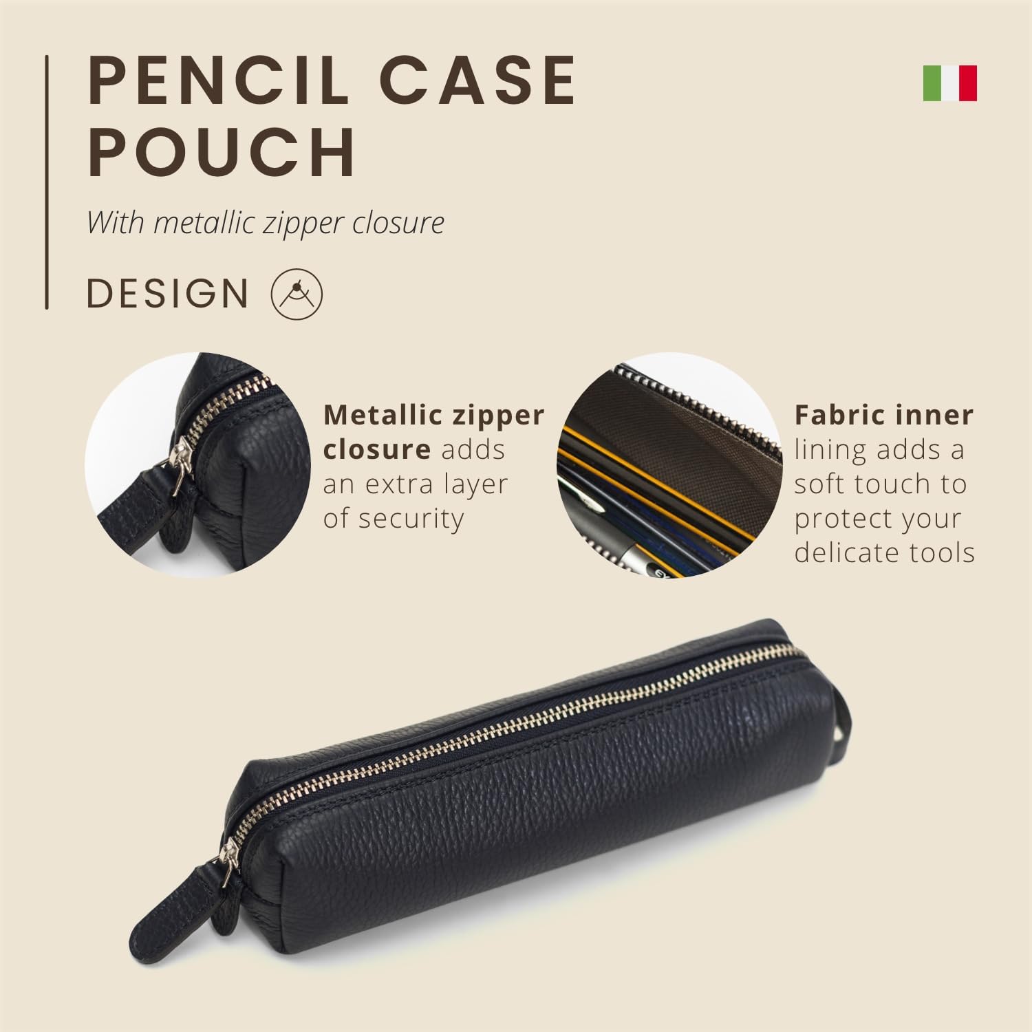 Maruse Pencil Case - Italian Grained Leather - Zipper Case for Pen and Pencils - Work Accessories Made in Italy - Navy