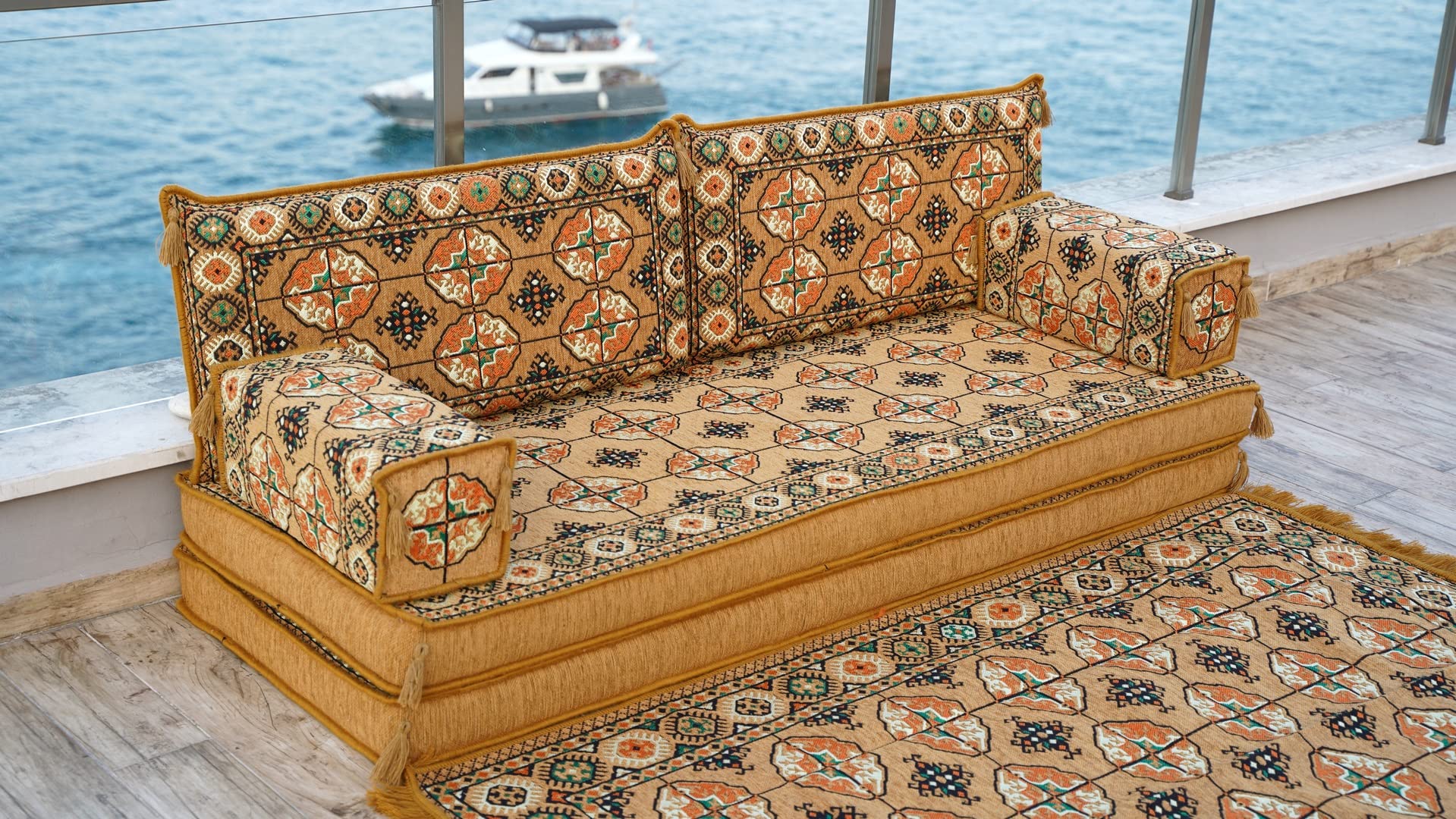 8" Thickness Gold Floor Couch, Sectional Sofa, Arabic Majilis, Arabic Jalsa, Meditation Yoga Loveseat, Healing Room Floor Cushion, Sofa Covers (Sofa + Rug)