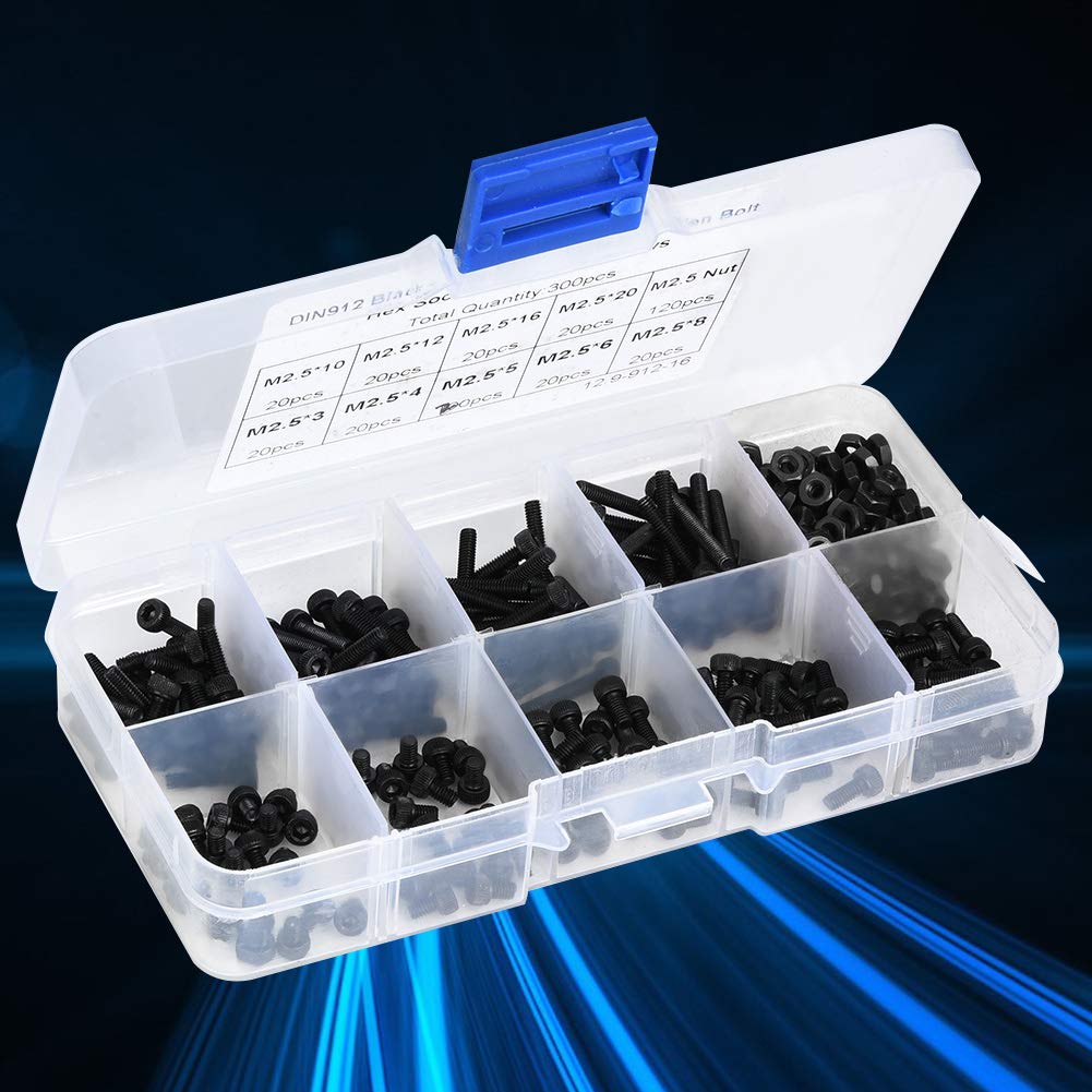 M2.5 x 3-20mm Alloy Steel Socket Head Screws, Black Screw Bolt with Nut, 300Pcs Socket Head Cap Screw Fastener for Professionals Amateurs