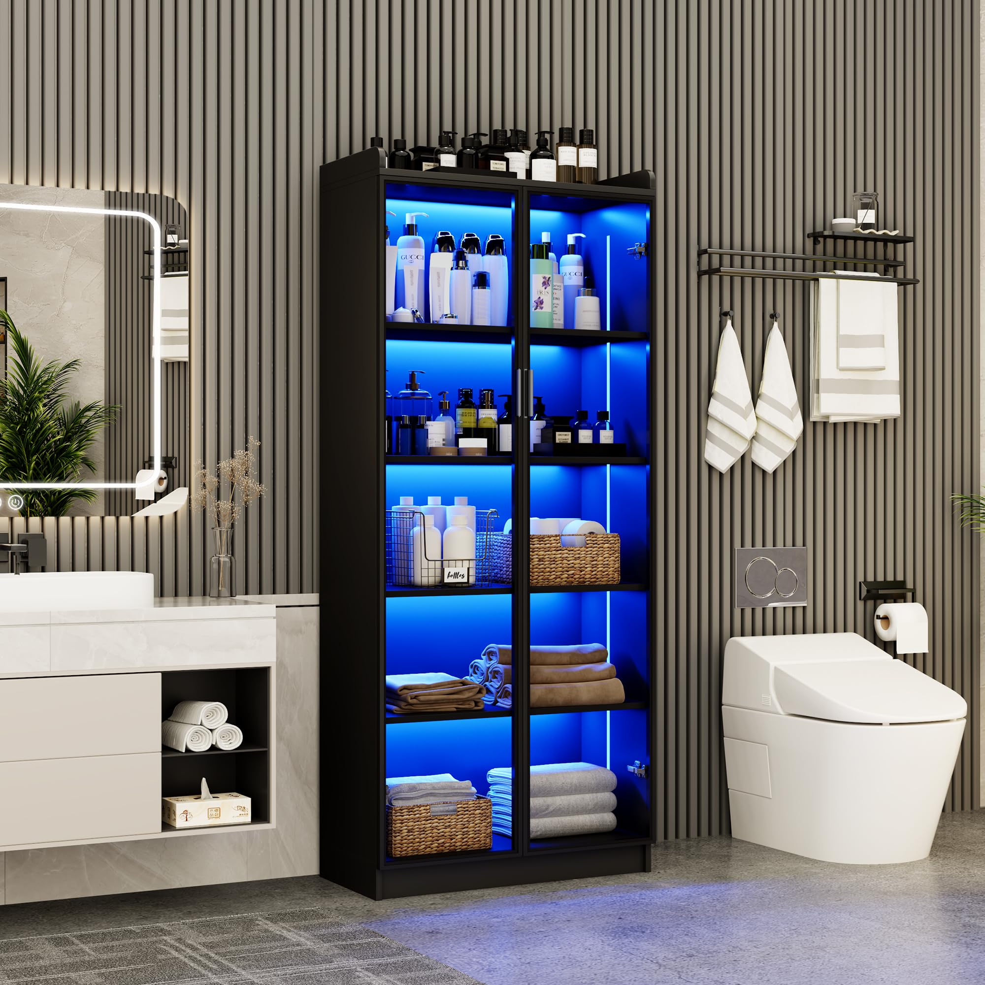 Display Cabinet with Doors and Adjustable Shelves, 65" Tall Bookcase with LED Lights/Human Sensor, 5 Tier Display Case for Collectibles Bedroom Living Room Office, Black - Smoked Black Door
