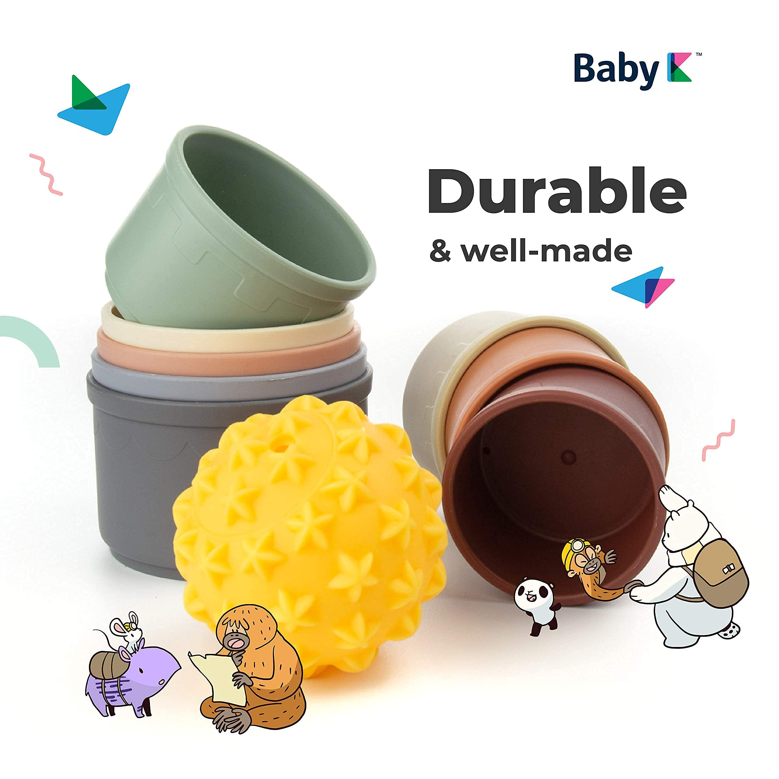 BABY K Baby Stacking Cups Toy (9 Pieces) - Silicone Stacking Cups for Babies 6-12 Months - Nesting Cups Baby Toy with Sensory Baby Ball Toy and Growth Journal - Stackable Cups for Baby Motor Skills