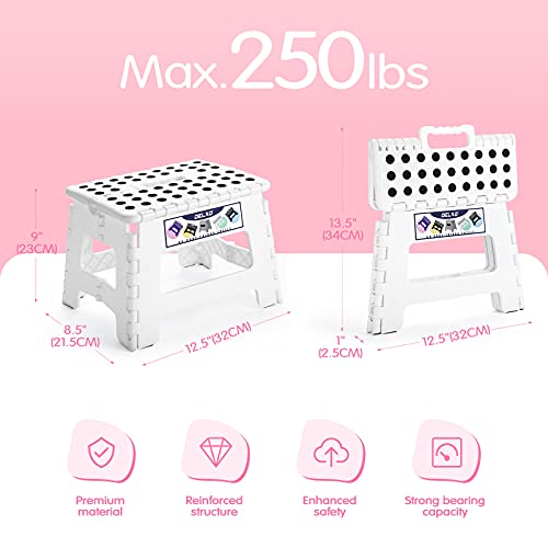 Delxo 9β Folding Step Stool in White,1 Pack Premium Heavy Duty Foldable Stool for Kids,Portable Collapsible Plastic Step Stool,Non Slip Folding Stools for Kitchen Bathroom Bedroom