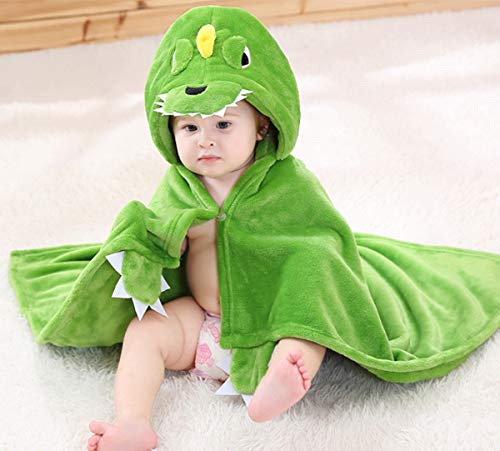 TONWHAR 0-4 Years Toddlers' And Kids' Boys Girls Animal Face Hooded Blanket Baby's Bathrobe,Plush After Bath Blanket (Green Dinosaur)