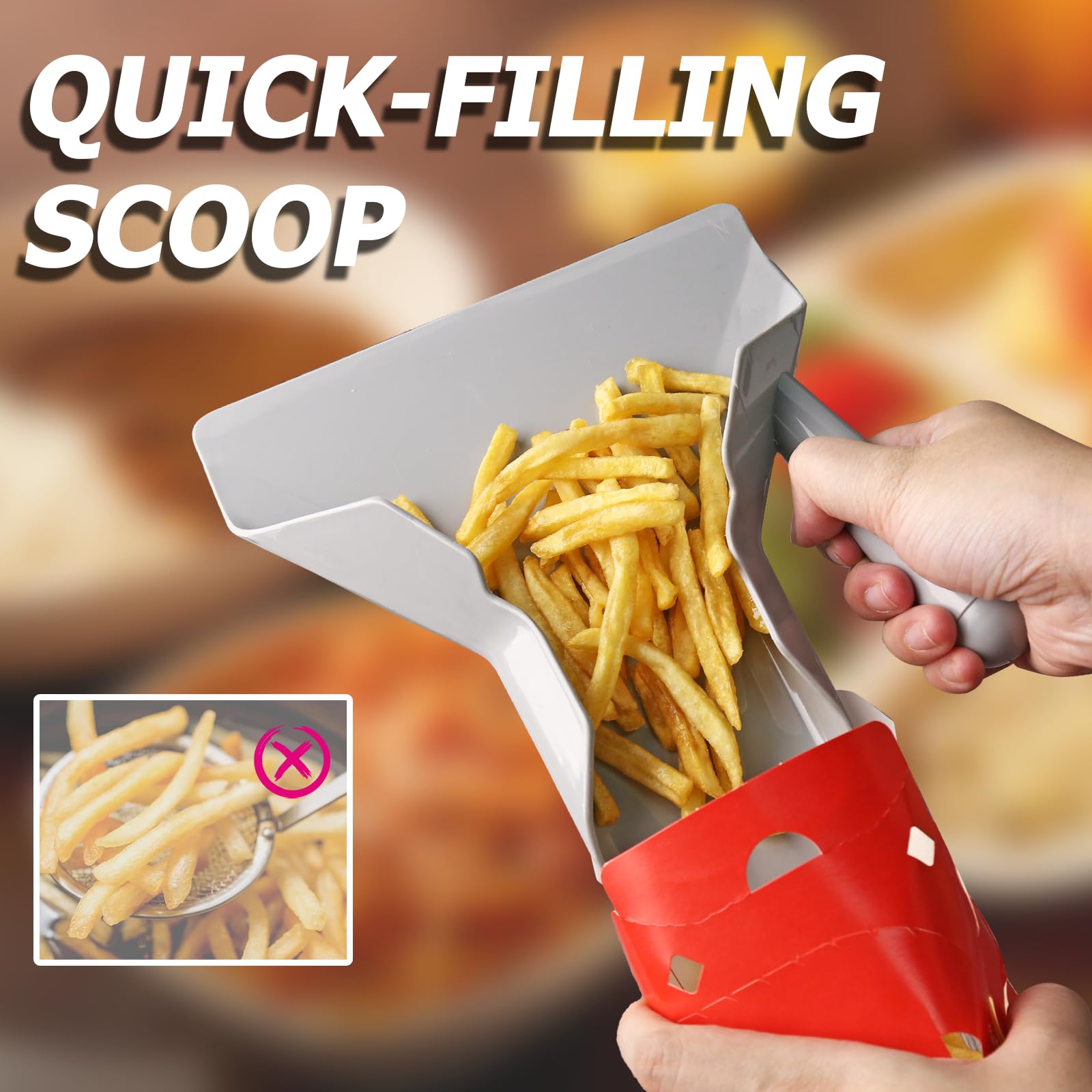Bonsicoky Polycarbonate French Fry Popcorn Scoop, Quick Fill Tool for Food Bags & Boxes, Multipurpose Utility Scooper for Bagger French Fries, Snacks, Desserts, Ice, Dry Goods(Right Handle)
