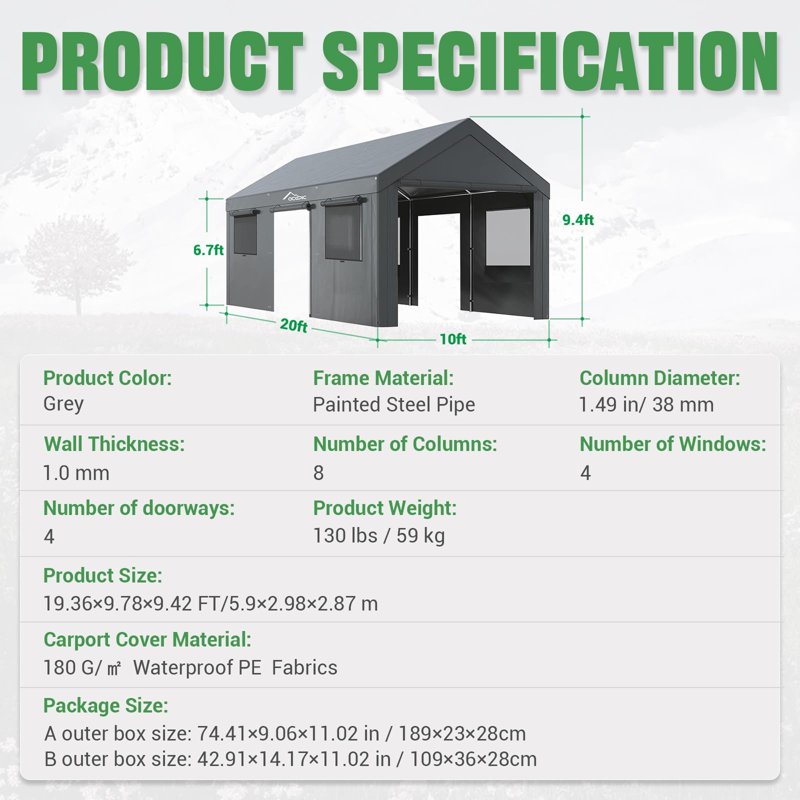 Acepic Carport (Grey, 12x20FT)