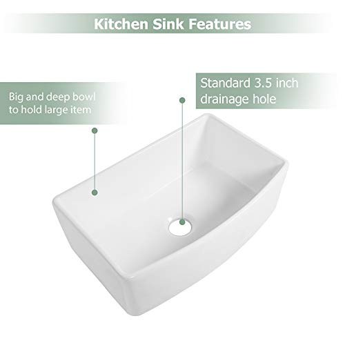 30 White Farmhouse Sink - Logmey 30 inch Kitchen Sink Arch Edge Curved Ceramic Fireclay Apron Front Single Bowl Farm Sink