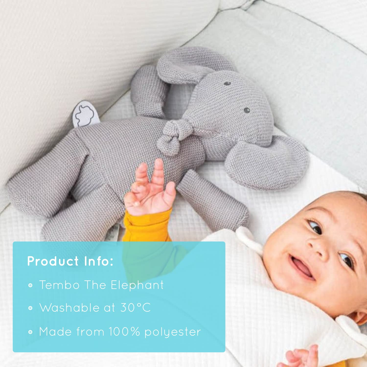 Nattou Cuddly Plush Toy Tembo The Elephant - Promotes Motor Skills, Easy Care, Extra-Soft Material, Machine Washable - Grey, 11 inches