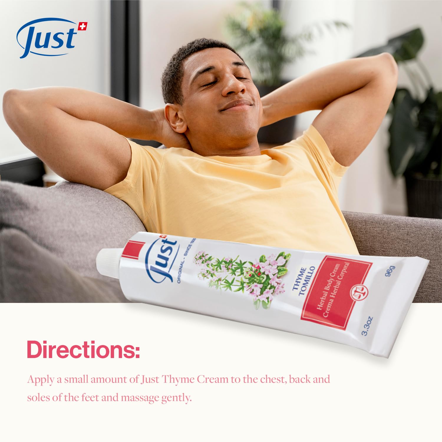 SwissJust Thyme Cream, Thyme Tomillo Cream 60ml. Massage Cream with Camphor Oil, Lemon Eucalyptus Chamomile Essential Oil, Rosemary Oil, Soybean Oil, and Pine Essential Oils.