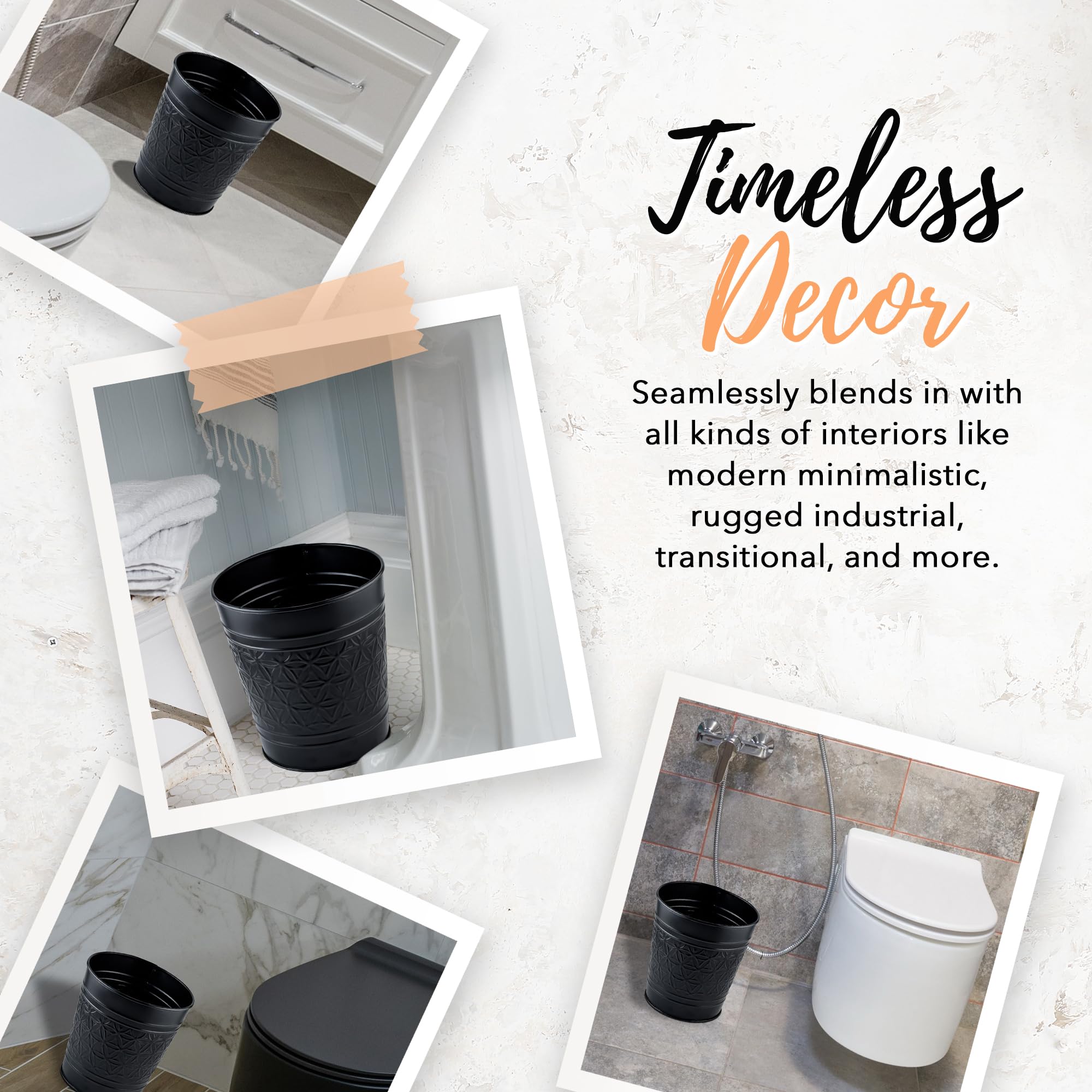 Autumn Alley Black Trash Can for Bathroom, Round Open-Top Bathroom Trash Basket Black Stylish Metal Black Waste Basket for Bedroom, Office Bathroom Accessories, Black