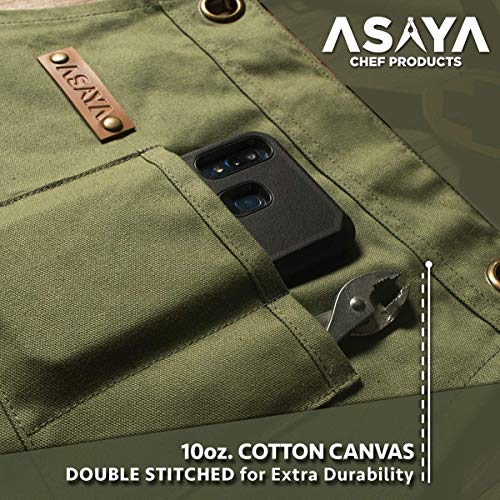 Asaya Chef, BBQ and Work Apron with Bottle Opener and Hand Towel - Durable 10oz Cotton Canvas, Brass Hardware and Cross Back Straps - For Men, Women, Grilling, and Cooking (Green)