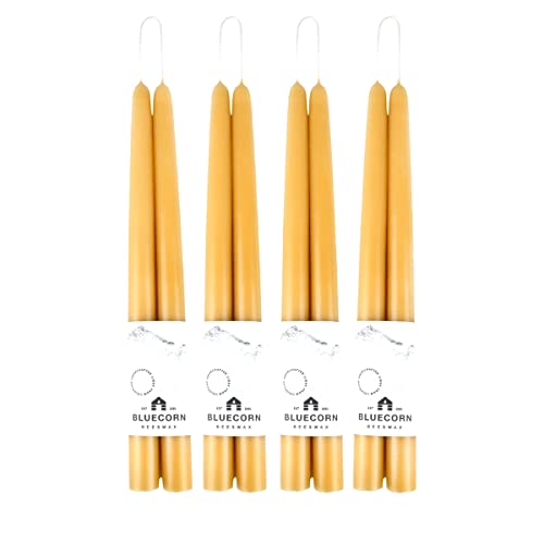Bluecorn Beeswax 100% Pure Beeswax Taper Candles | Natural Beeswax Candles, Yellow Unscented Tapered Candles | Soy, Paraffin, & Fragrance Free | 10 Inch Candles, Bulk 8-Pack | Handmade in Colorado