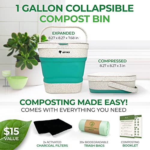 AIRNEX Countertop Compost Bin Kitchen Counter, Indoor Food Composter for Kitchen, Food Waste Bin for Kitchen Counter Top, Small Kitchen Compost Bucket Container, Mini Counter Food Scrap Bin with Lid