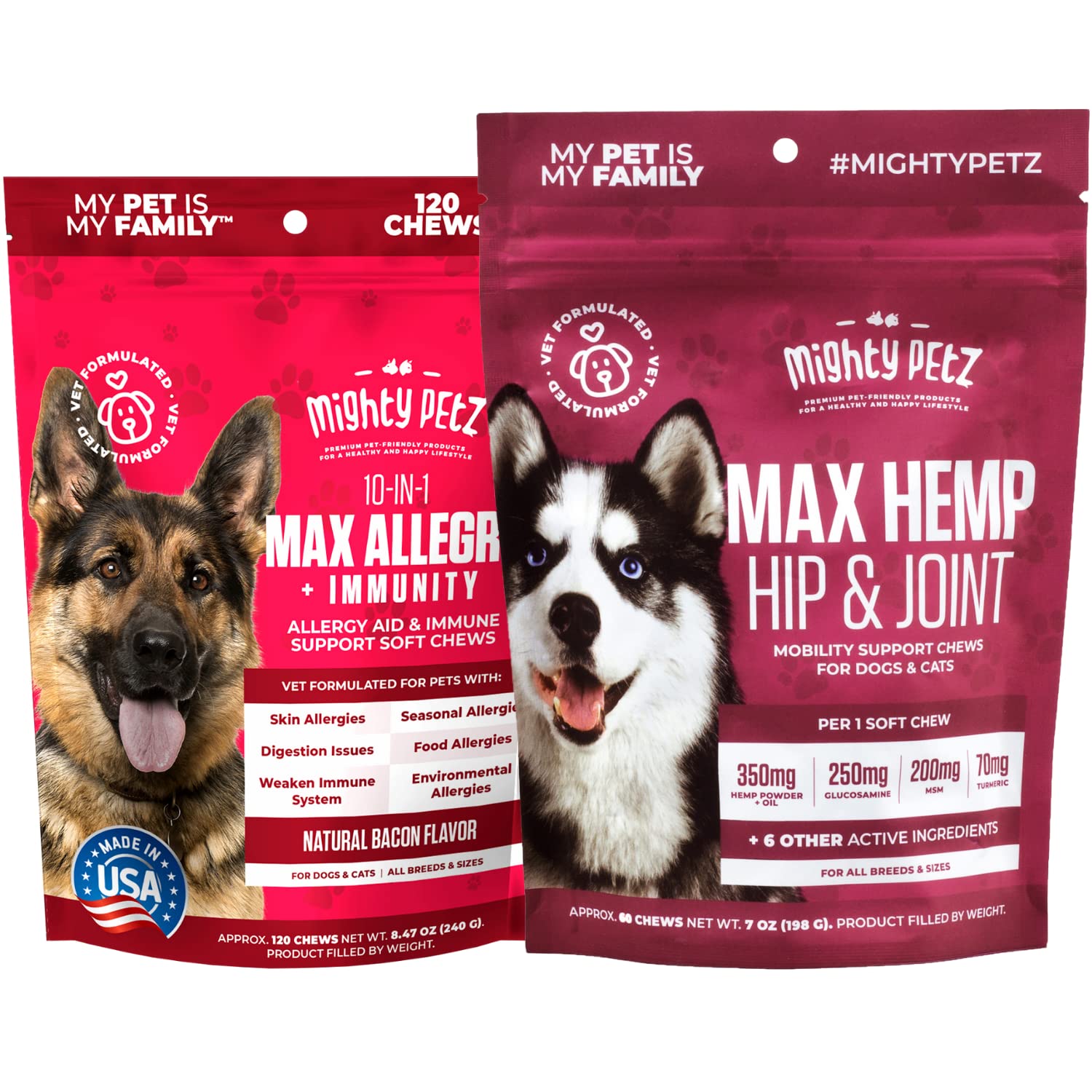 Mighty Petz MAX Dog Allergy Relief + Mighty Petz MAX Hemp Glucosamine for Dogs Bundle