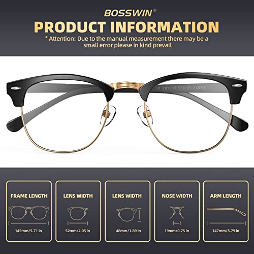 BOSSWIN Blue Light Glasses, 2 Pack, Fashion Round Half Frame, Computer/Game/Reading/TV Blue Light Blocking Glasses (Gold+silver)