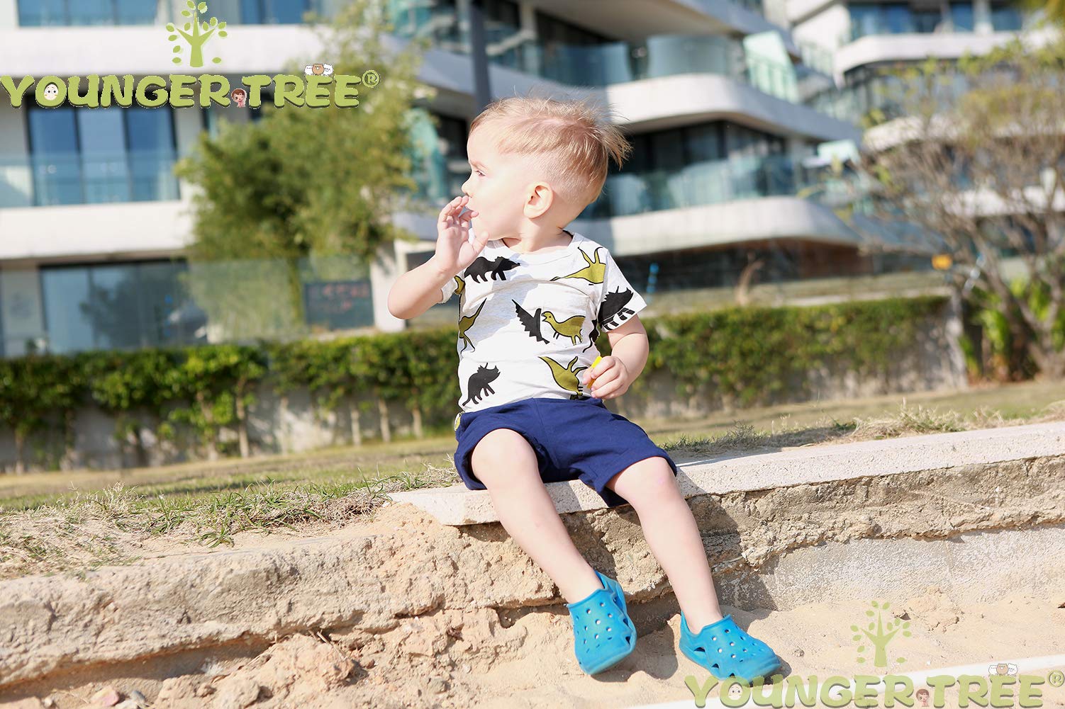 YOUNGER TREE Toddler Baby Boy Summer Clothes Dinosaur T-Shirt and Shorts Boy Outfits 12 Months to 4T(Blue,18-24 Months