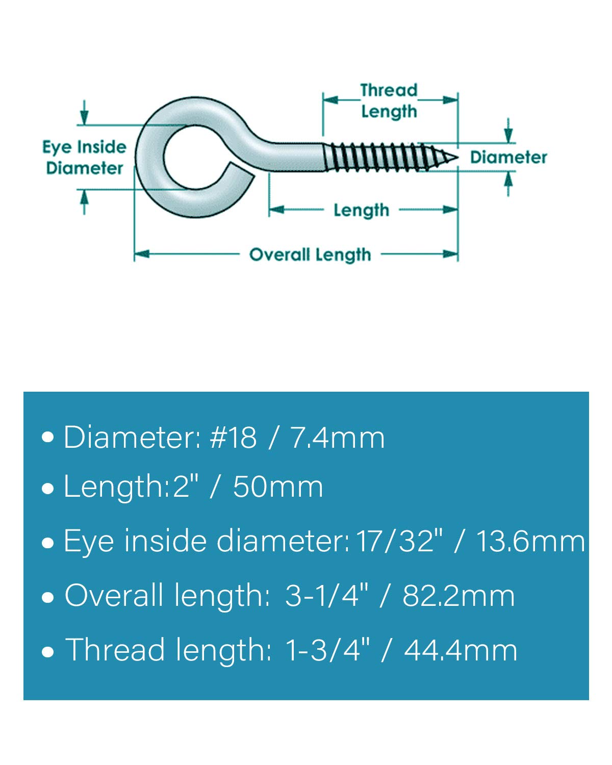 IMScrews 10-Pack Stainless Steel Heavy Duty Screw Eyes, #18 x 3-1/4 Inch, Lag Eyebolt for Hanging, Rust-Resistant Long Eyelet Screws, Ideal for Indoor and Outdoor Use