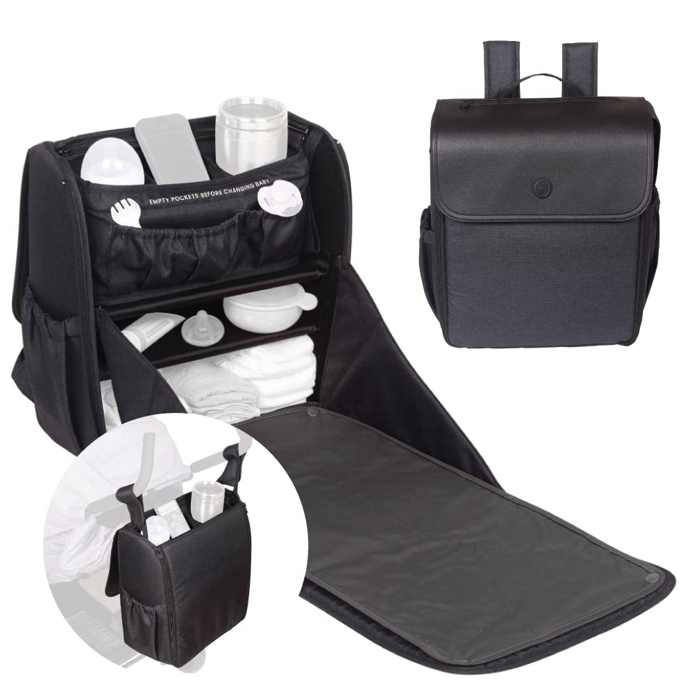 Lulyboo Diaper Bag Convertible Backpack, Full Open Cabinet and Padded Changing Station, Removable Caddy with Two Drink Holders and Angled Cell Phone Storage for Easy Viewing, Black