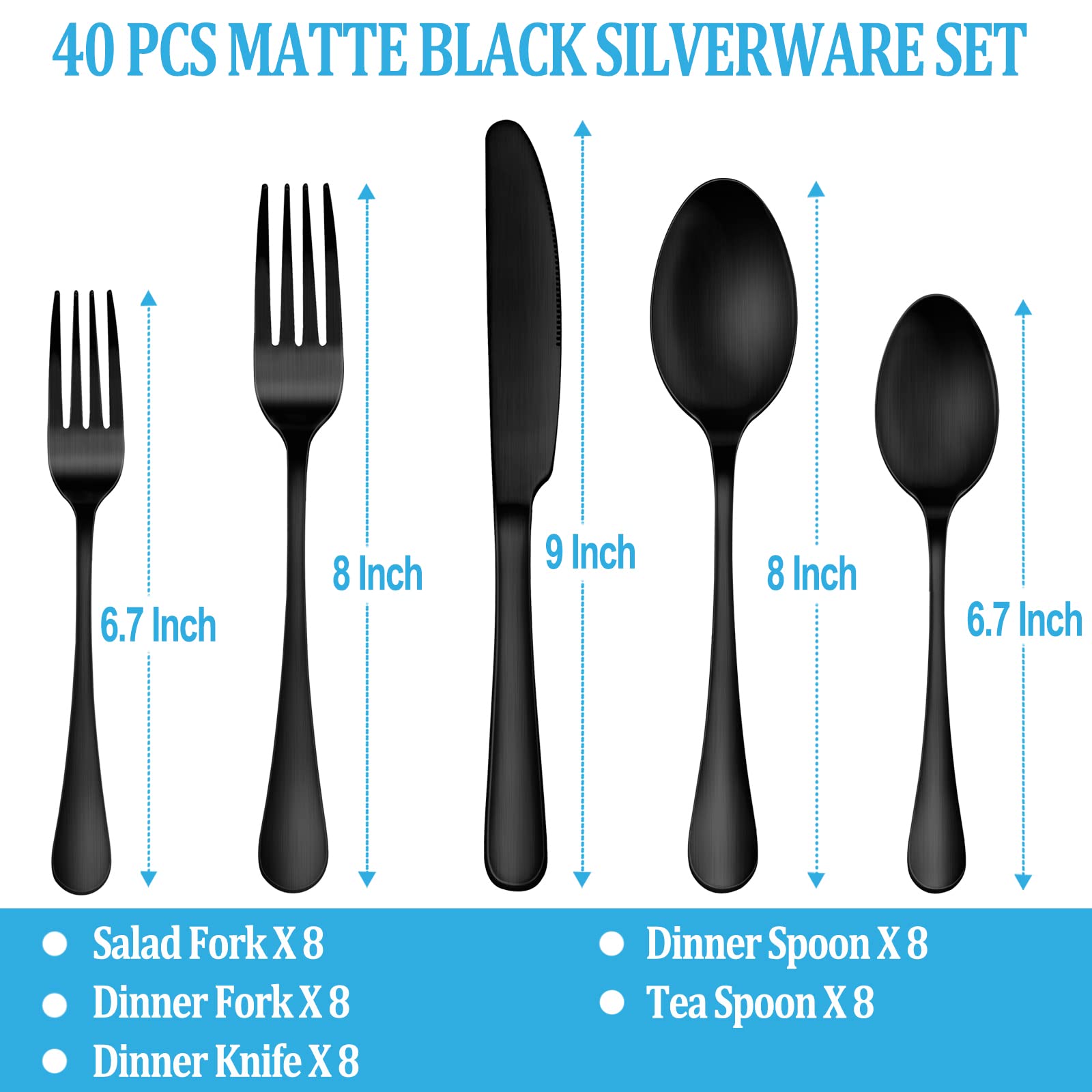 40 Piece Matte Black Silverware Set,Stainless Steel Flatware Cutlery Set Service for 8,Kitchen Tableware Set,Utensil Set for Home and Restaurant,Knives Forks Spoons Set,Satin Finish,Dishwasher Safe