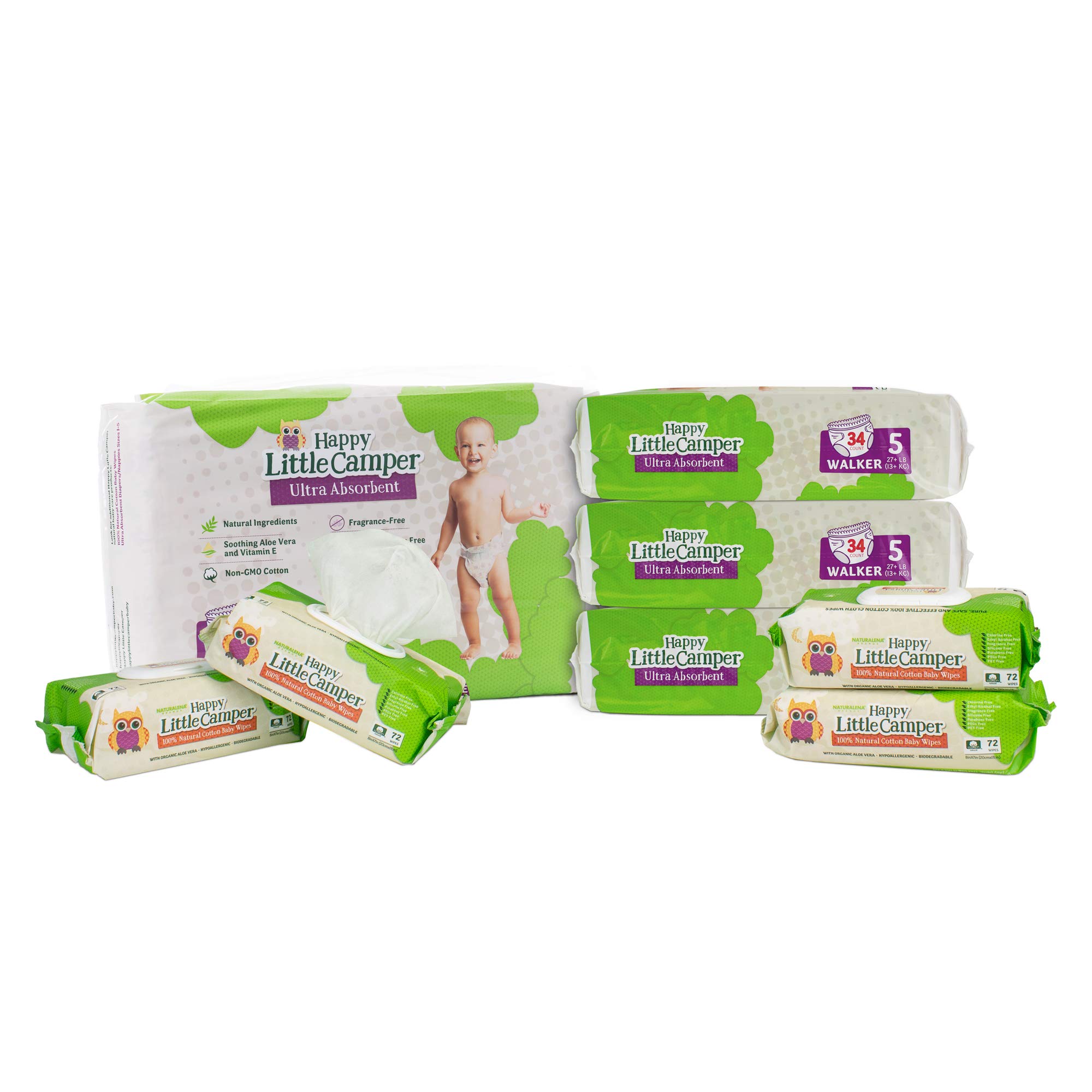 Happy Little Camper Ultra-Absorbent Natural Baby Diapers Size 5 - Hypoallergenic, Unscented & Chlorine-Free Disposable Diapers (150 Count) Come with Natural Baby Wipes (288 Count) for Sensitive Skin