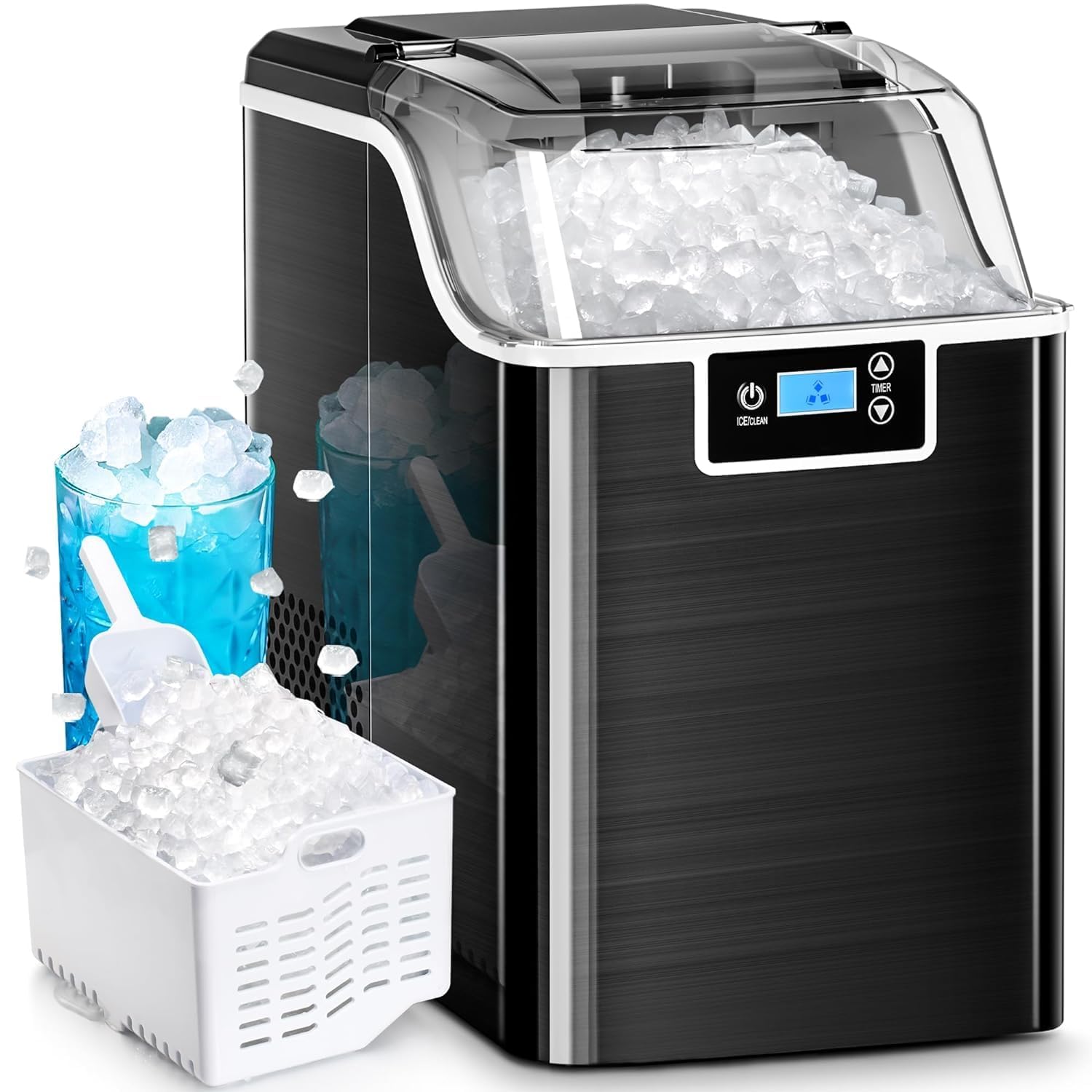 Kismile Nugget Ice Makers Countertop, 45lbs/Day Pebble Ice Maker Machine with 24-Hour Timer, Self-Cleaning Crushed ice Maker with Ice Scoop and Ice Basket for Home & Kitchen (Black)