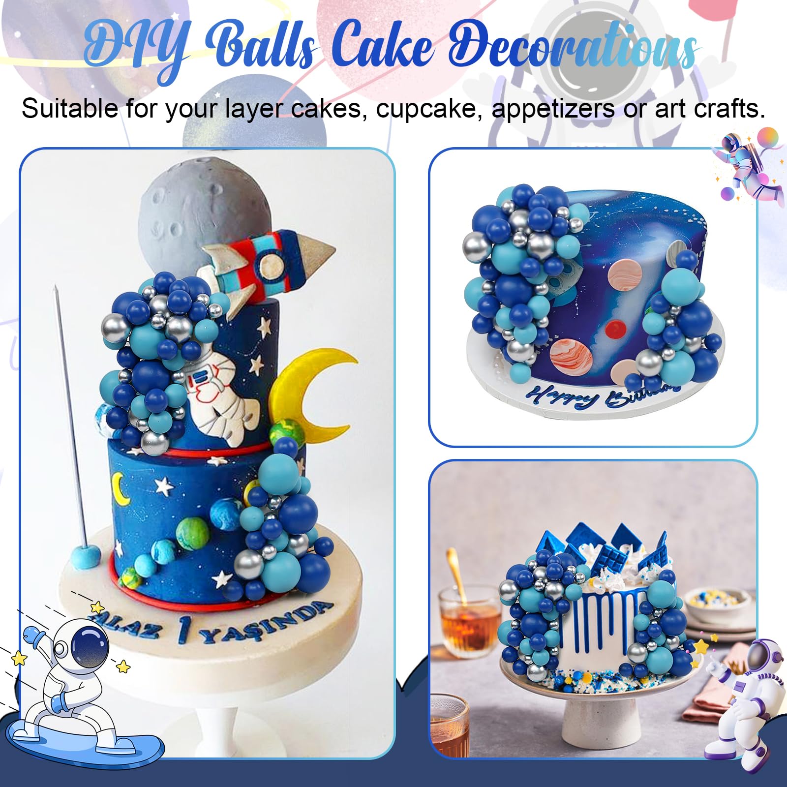 Acmee 115 PCS Ball Cake Toppers - Mini Balloon Cake Decorations Foam Ball Cupcake Picks DIY Cake Insert Toppers for Birthday Party Wedding Baby Shower (Blue, Silver)