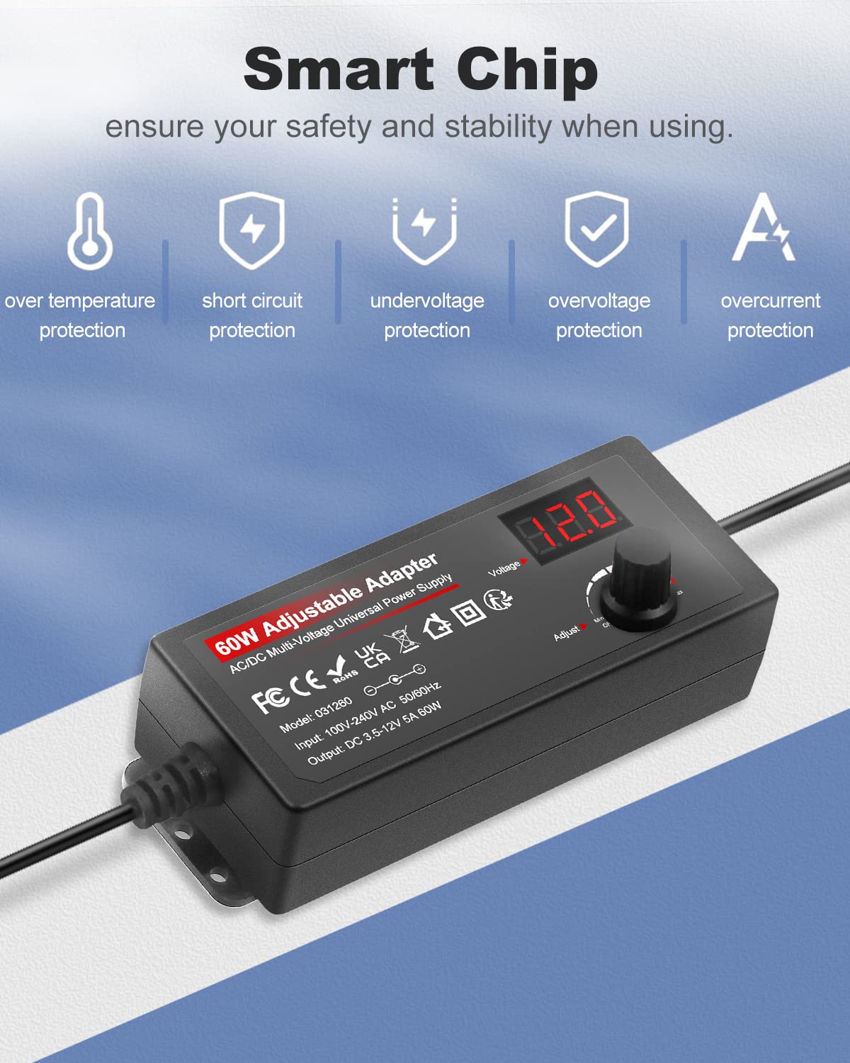 60W Variable Power Supply Adjustable DC 3V ~ 12V 5A Power Adapter 100-240V AC to DC Converter 3-12 Volt 5 Amp Transformer Adjustable, 14 Tips &1 Reverse Polarity Cable