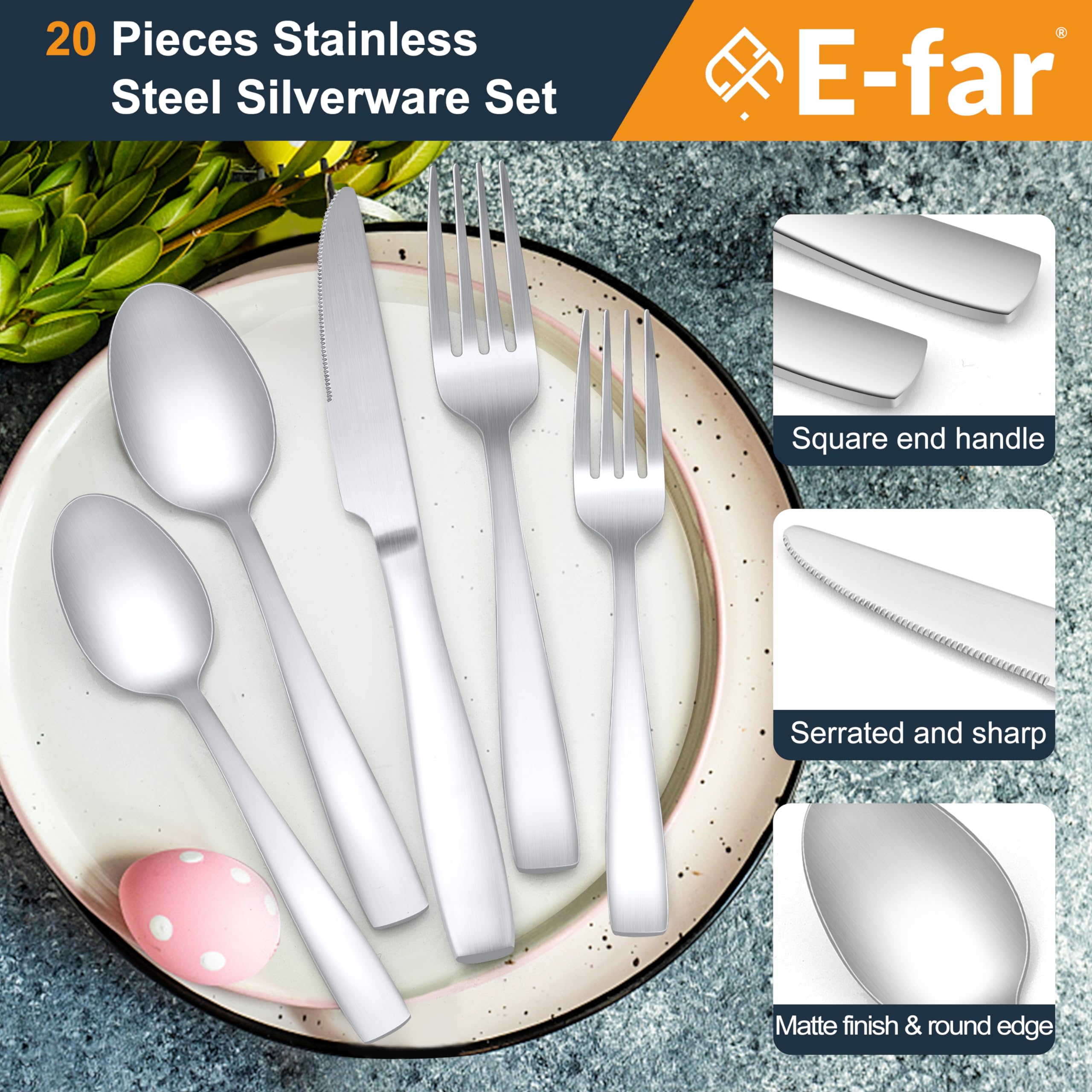 E-far Matte Silverware Set for 4, 20 Pieces Stainless Steel Flatware Eating Utensils Set for Home Kitchen Restaurant, Metal Forks Spoons and Knives with Square Handle, Dishwasher Safe