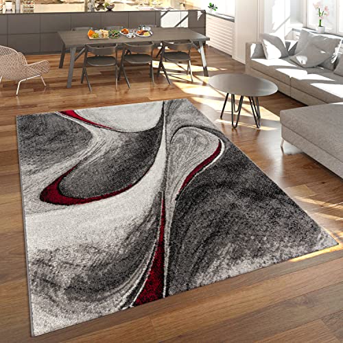 Paco Home Modern Short-Pile Rug Living Room Mottled Abstract Design Grey Red Black, Size: 3'11" x 5'7"