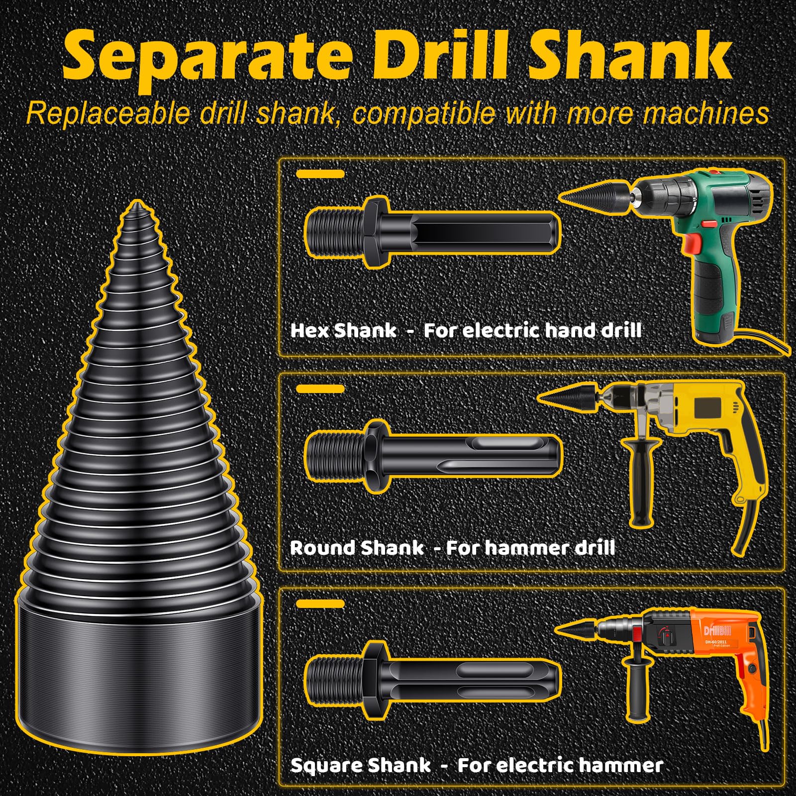 5 Pcs Firewood Log Splitter Drill Bit, Removable Wood Splitter Drill Bits, Screw Cones Kindling Splitter, Heavy Duty Wood Splitting Drill Bit for Hand Drill Stick Hex, Round, Square (32 MM, 42 MM)