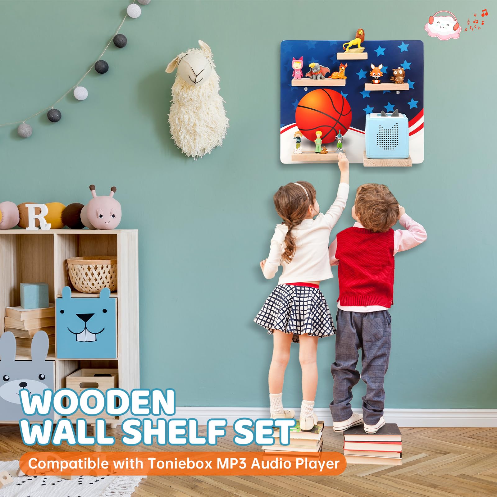 MIOGREN Magnetic Wooden Floating Shelf -with for Toniebox Starter Set(Compatible) Kids Storage Rack,for Toniebox,Headphones,Charging Station and Tonie Figures.(Sun)