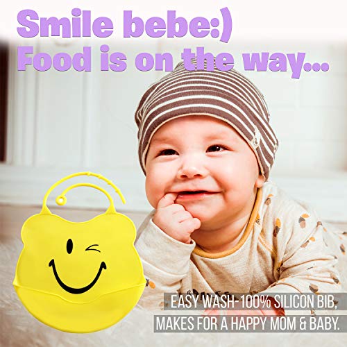 Baby Feeding Gift Set 8PC: Silicone Bib, Masher and Bowl, Spoon and Fork Set, Fruit Feeder with Rattle, Finger Toothbrush and Food Scissors by Bebe N Belle (Yellow)