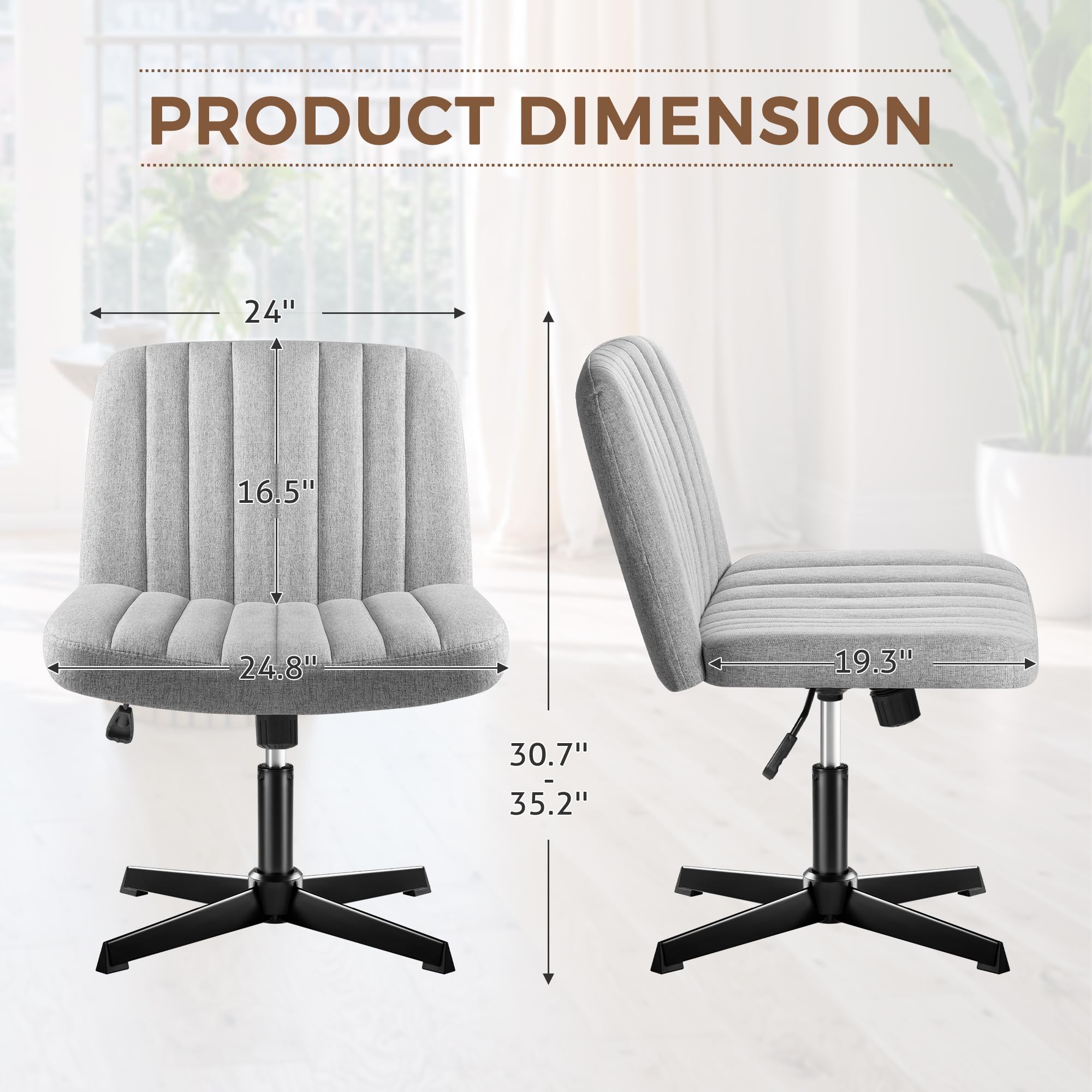YESHOMY Cross Legged Armless Wide Adjustable Swivel Padded Linen Fabric Home Office Desk Chair No Wheels, Set of 1, Light Grey