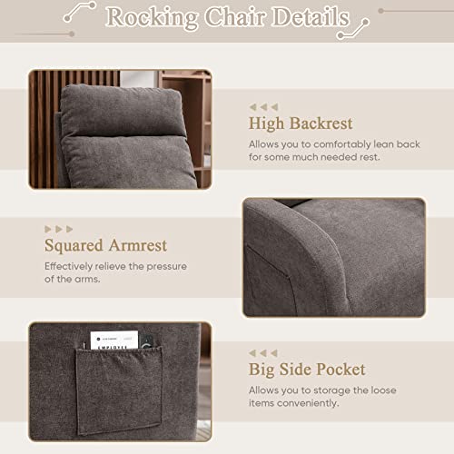 Deolme 360 Swivel Accent Glider Rocking Chair, Comfy Tufted Upholstered Glider Rocker for Nursery, Modern Armchair with Tall Back and Side Pocket for Living Room, Bedroom (Dark Gray)