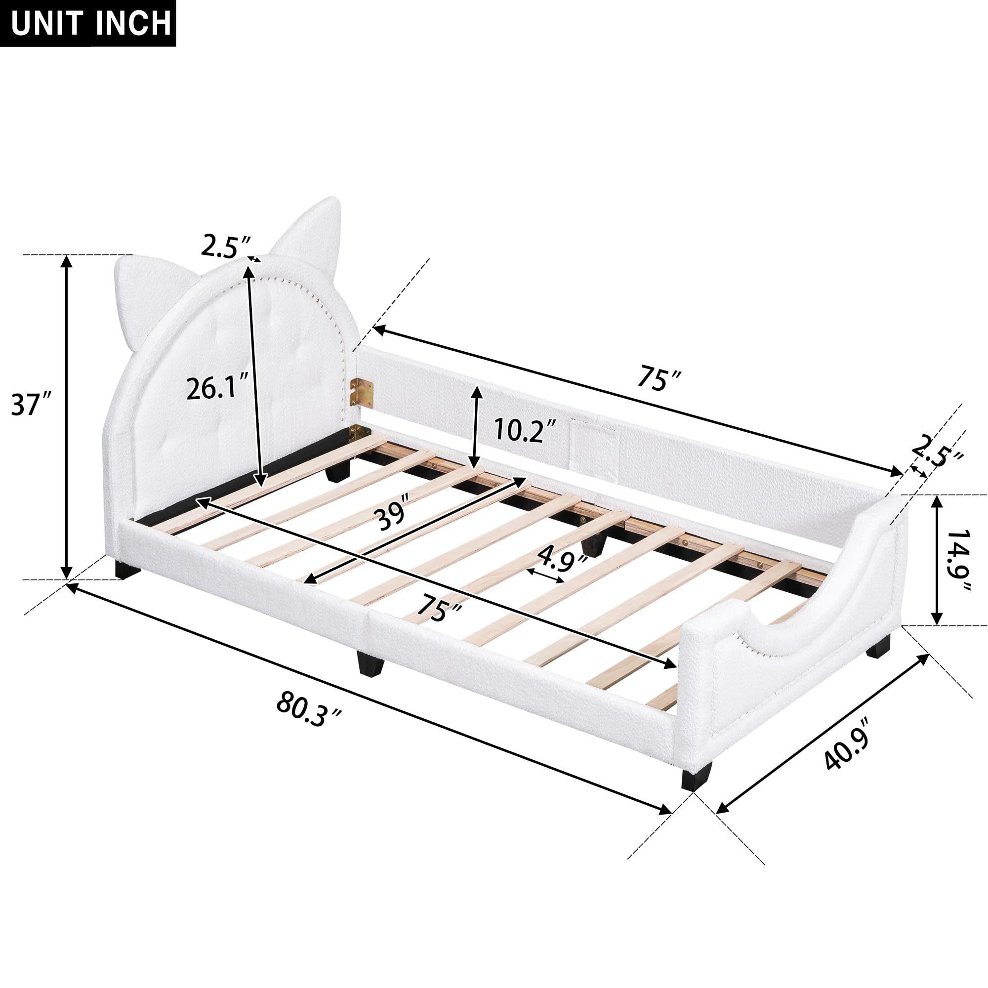 Acosure Teddy Fleece Twin Size Upholstered Daybed with Carton Ears Shaped Headboard for Kids Bedroom,Wood Low Floor Platform Bed,Super Save Space/Easy Assembly/No Box Spring Needed,White