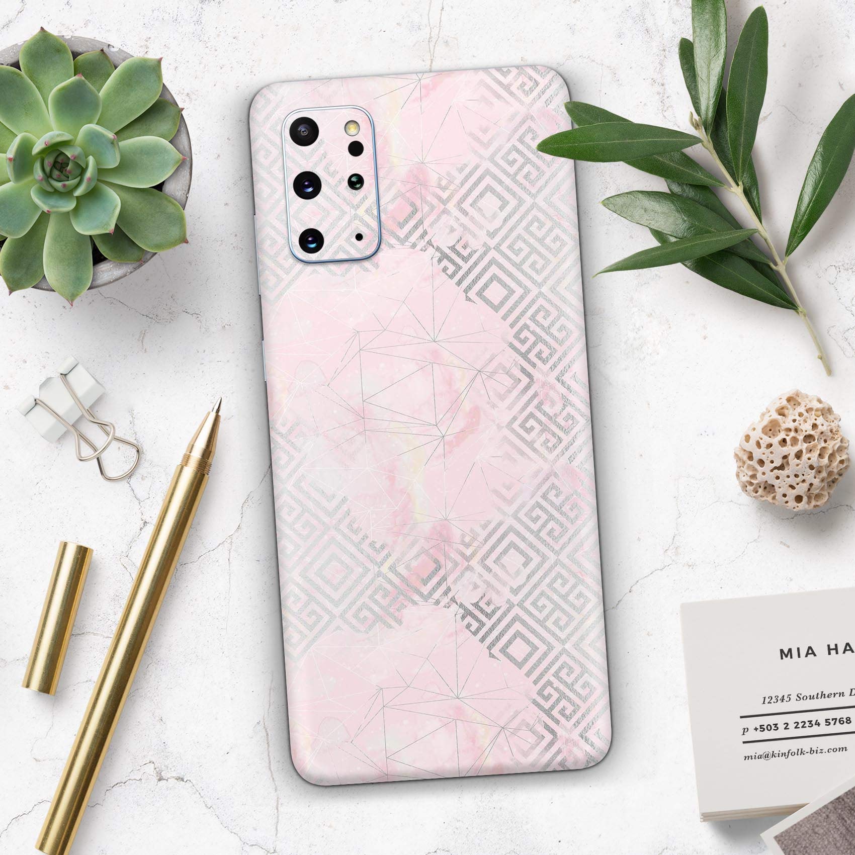 DesignSkinz Karamfila Silver & Pink Marble V12 Protective Vinyl Decal Wrap Skin Cover Compatible with The Samsung Galaxy S20 (Screen Trim & Back Glass Skin)