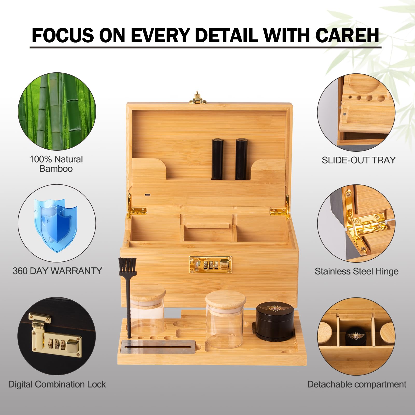 IEVEY Stash Box with Rolling Tray & Neon, Smell Proof Large Bamboo Storage Box with Lock, Decorative Box Set Includes Glass Jars & Grinder & Brush, Great Gift for Men Women(Bamboo)