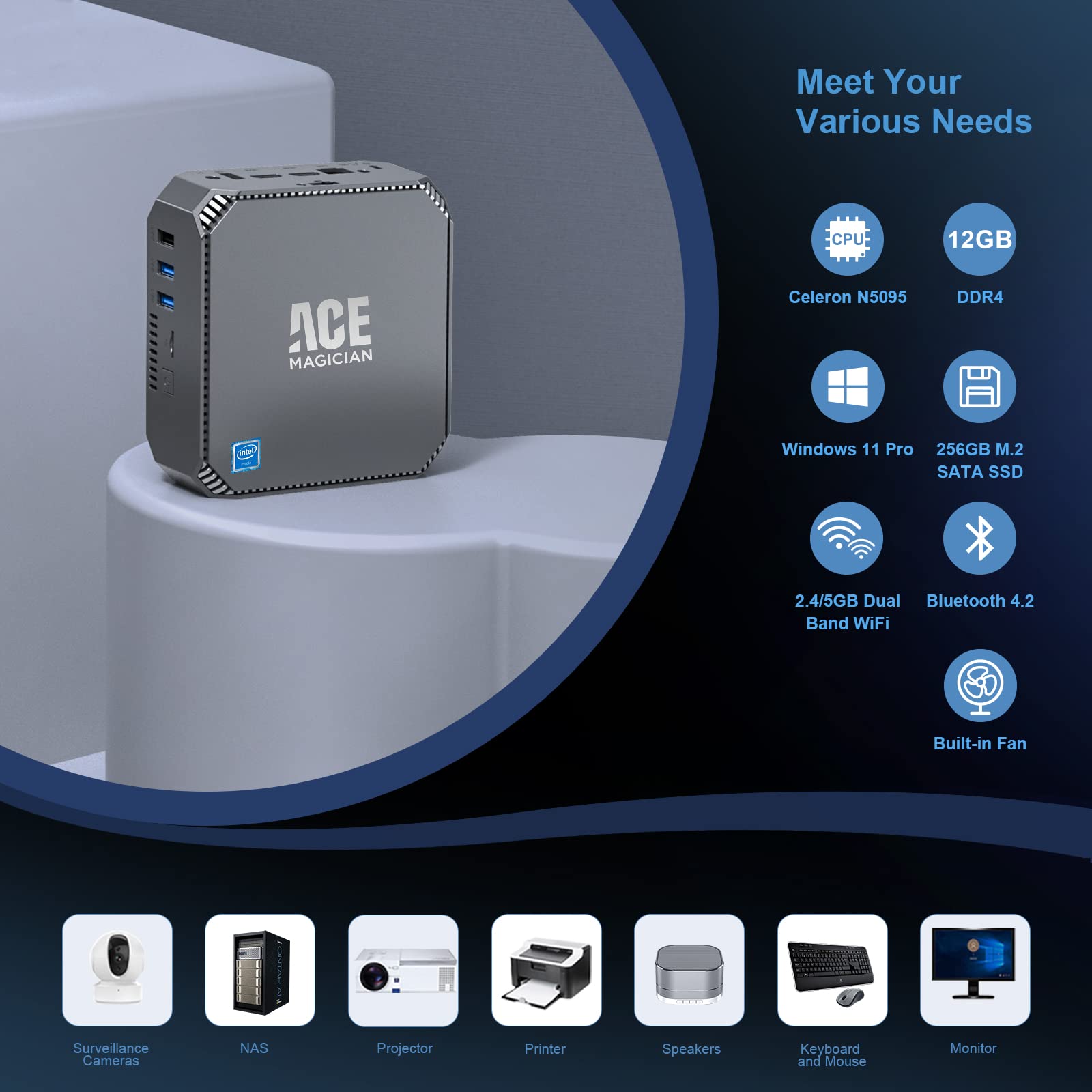 ACEMAGICIAN Mini PC, Intel N5095(up to 2.9GHz) Mini Desktop Computer, 12GB DDR4 RAM 256GB SSD, Dual HDMI 4K Screen Display, 2.4/5G WiFi & BT4.2, Gigabit Ethernet with VESA Mount for Daily Use/Office
