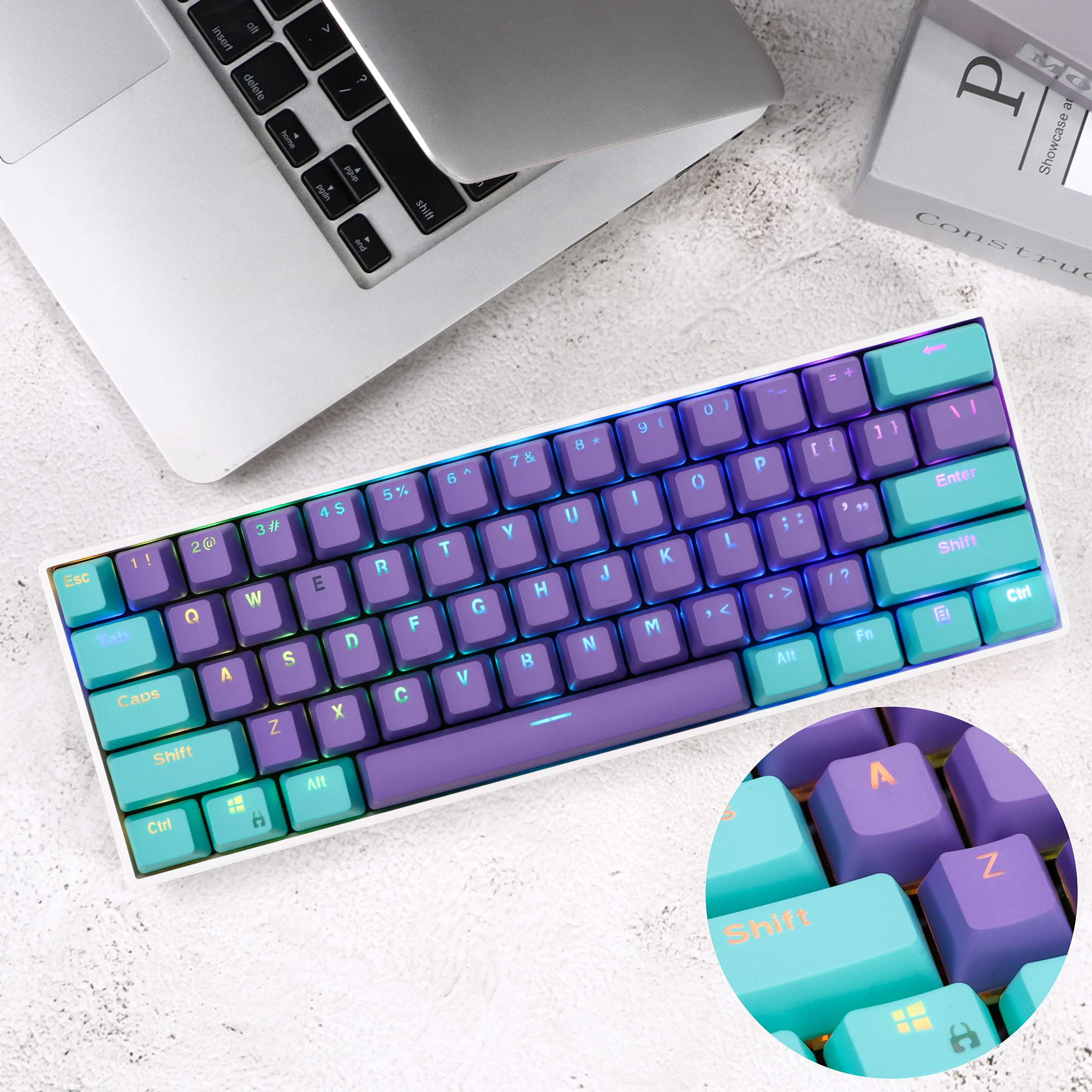 Taeeiancd PBT Keycaps for 60 Percent Mechanical Gaming Keyboard OEM Profile 61 Keycaps Set with Key Puller for Cherry MX Switches (Purple)
