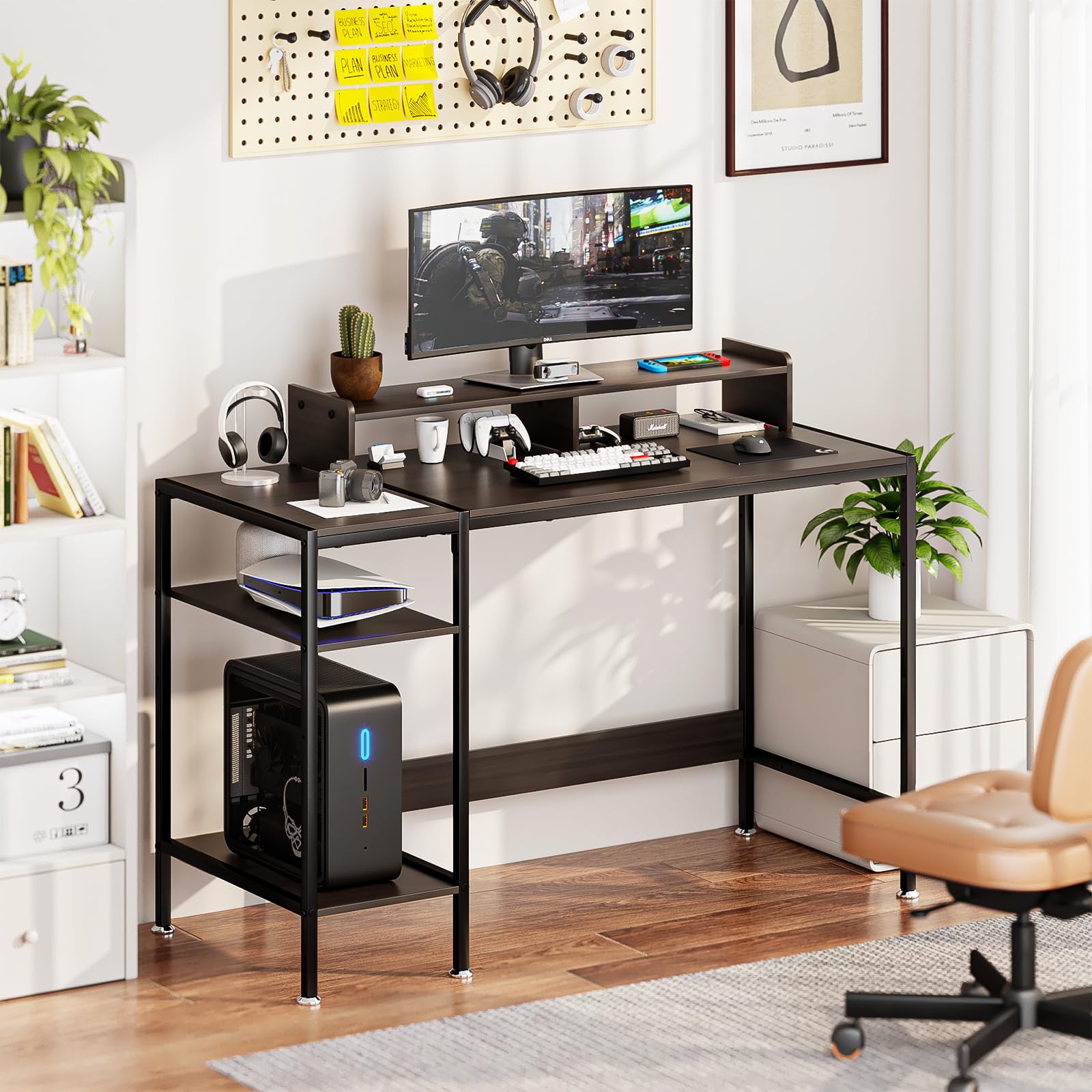 GZSHIYITECH 47”Gaming Desk/Computer Desk，Home Office Desk with Monitor Stand, Writing Desk for 2 Monitors,Desk Adjustable Storage Space, Firm and Practical Small Desk，Modern Design Corner Desk（Ash）