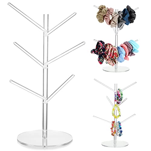 Acrylic Scrunchie Holder Organizer Stand Angled Branches Scrunchie Holder Stand Accessories Jewelry Hair Tie Organizer Storage Holder Bracelet Earrings Holder Y2k Room Decor for Girls Teen (Clear)
