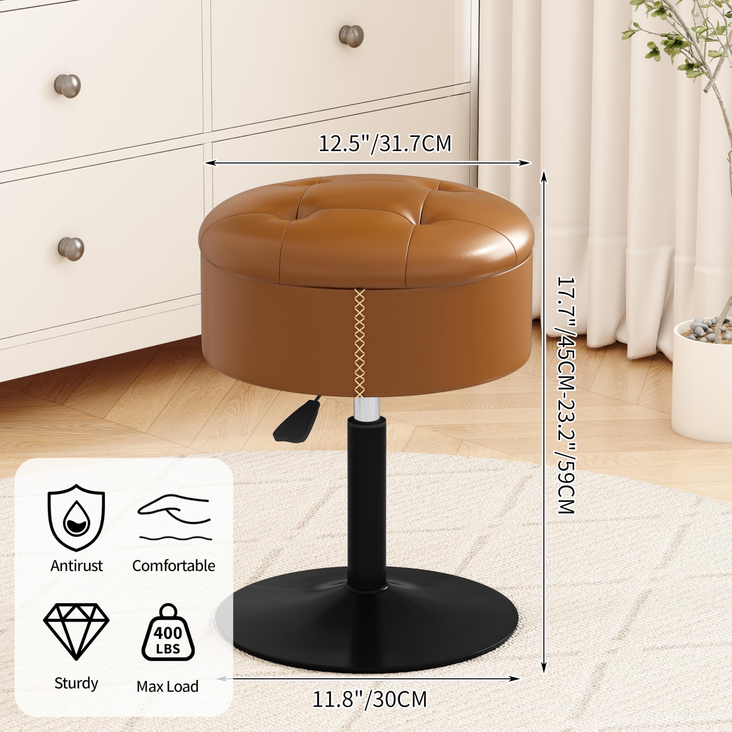 ACEQLYT® Modern Minimalist Vanity Stool with Hidden Storage, Adjustable Vanity Chair for Makeup Room, 300lb Load Capacity Ottoman Makeup Chair for Vanity Desk Bedroom Bathroom, Brown Leather