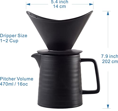 Ceramic Pour Over Coffee Maker, V60 Dripper & Decanter, Hand Brewer Durable Pot, Cone Funnel Coffee Drip with Black Coffee Filter Pot 1-2 Cup