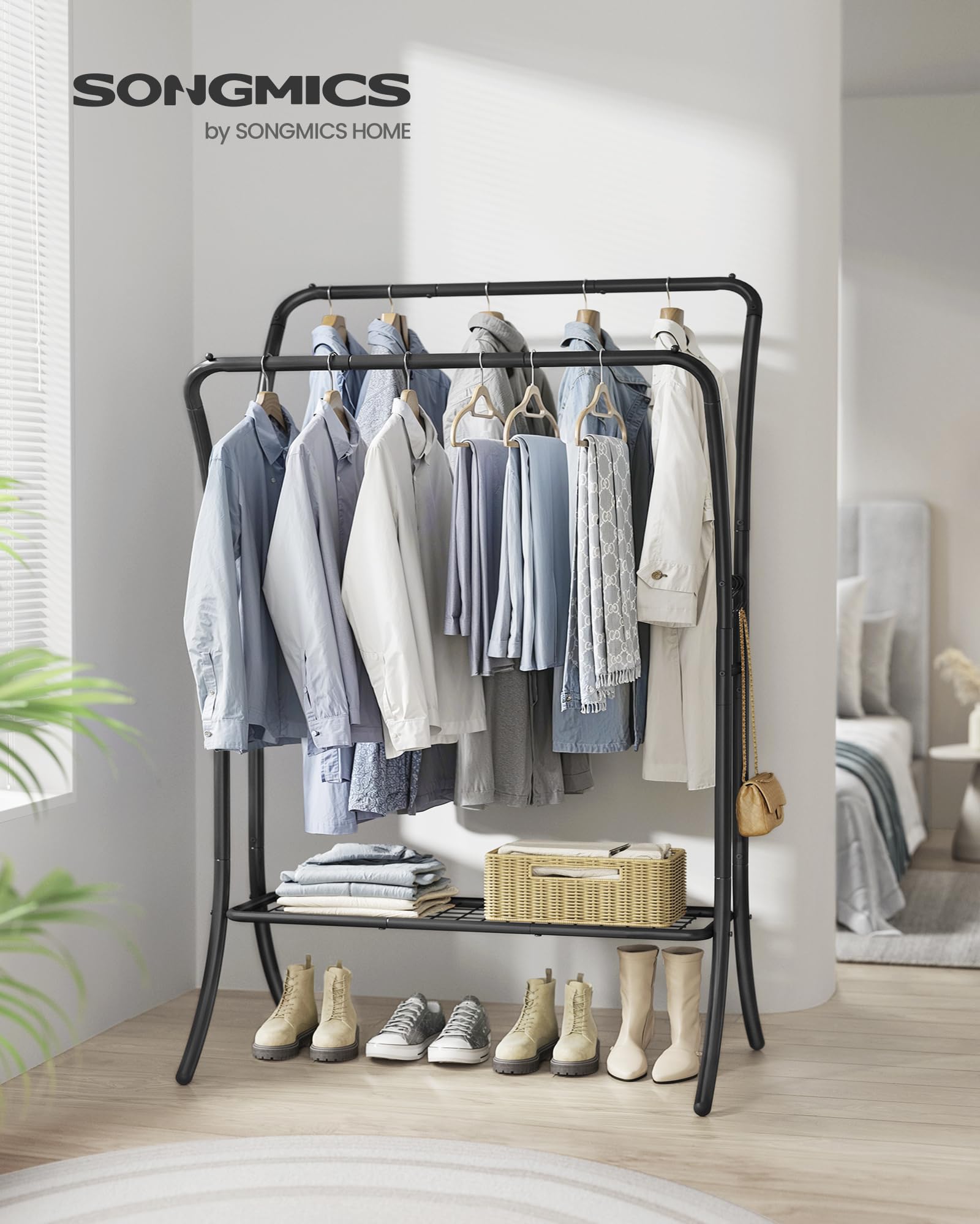 SONGMICS Clothes Rack, Clothing Rack with Shelves, Garment Racks Heavy Duty, Double Rod Clothes Rack with 6 Hooks, Clothes Storage and Display, for Living Room, Bedroom, Ink Black UHSR109B01