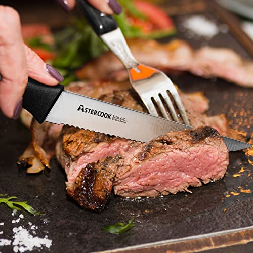 Astercook Steak Knife, Steak Knives Set of 6 with Sheath, Dishwasher Safe High Carbon Stainless Steel Steak Knife with Cover, Black