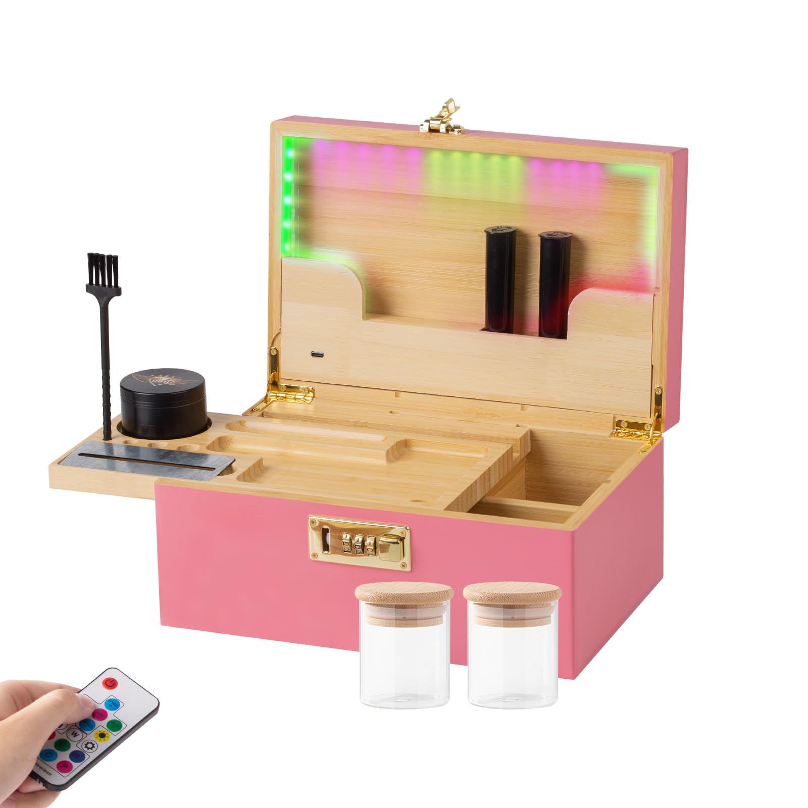 IEVEY Stash Box with Rolling Tray & Neon, Smell Proof Large Bamboo Storage Box with Lock, Decorative Box Set Includes Glass Jars & Grinder & Brush, Great Gift for Men Women(Pink)