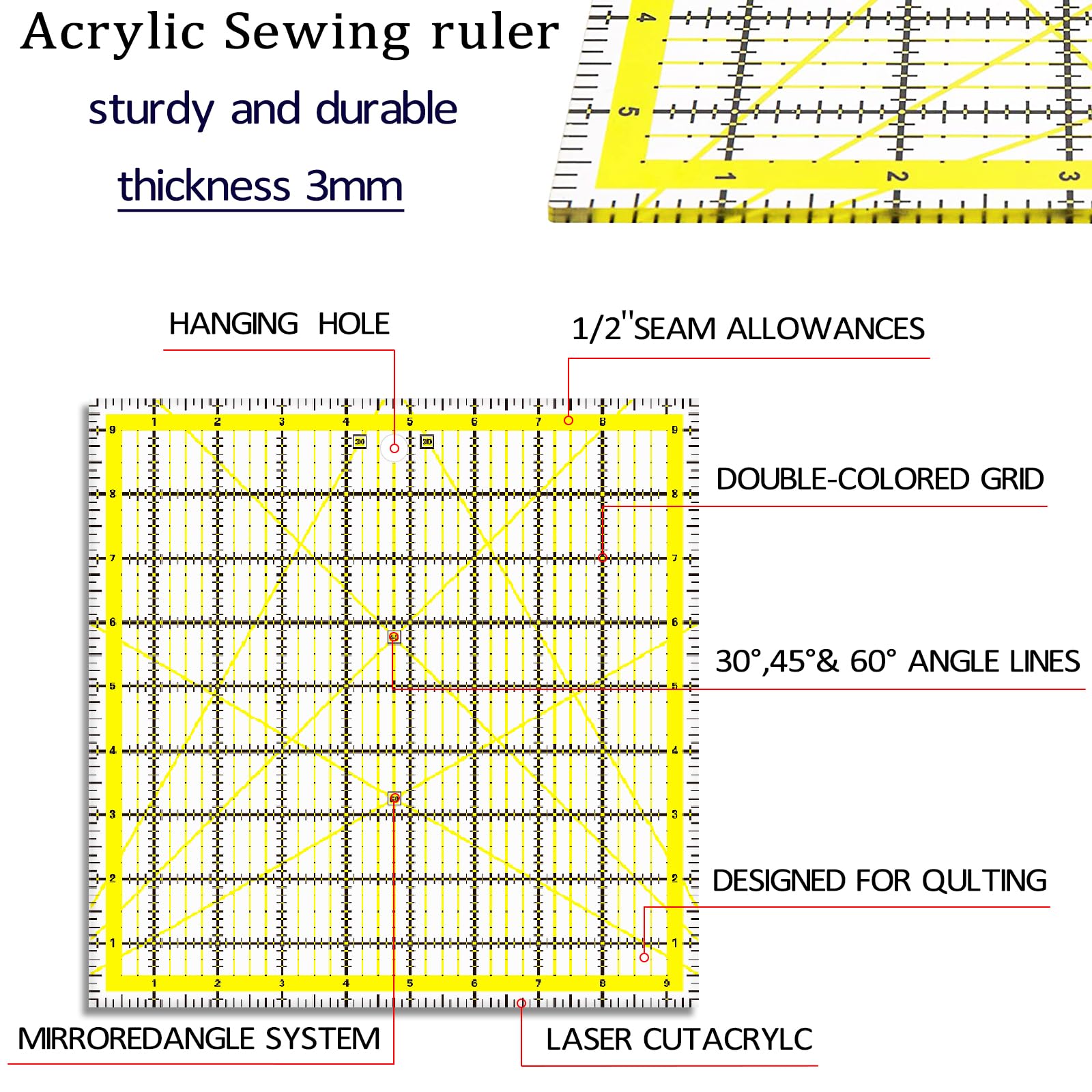 VPVPV 4 Piece Quilting Ruler,Acrylic Square Ruler,Quilting Templates,with Non Slip Rings 25 Pieces(4.5“X4.5”、6“X6”、9.5“X9.5”、12.5“X12.5”) (Yellow)